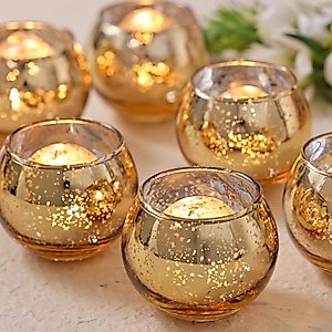 Tebery 12 Pack Round Gold Votive Candle Holders, 2-Inch Glass Tealight Candle Holder for Table Centerpiece, Wedding Decoration, Party, and Home Decor