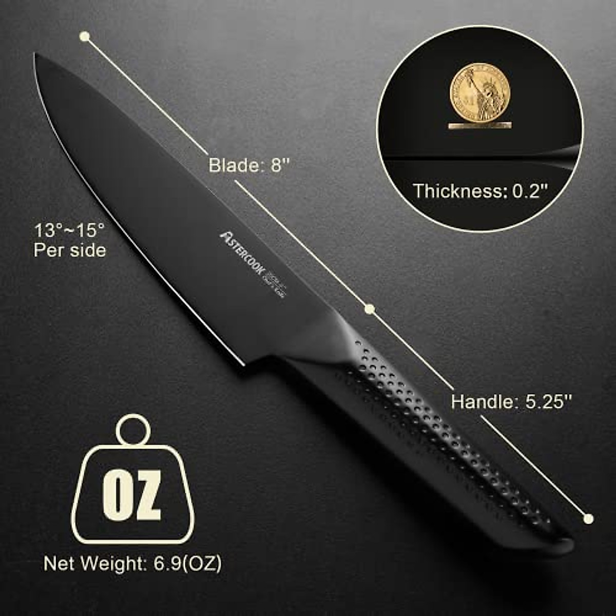Astercook Chef Knife, 8 Inch Pro Kitchen Knife Dishwasher Safe, High Carbon German Stainless Steel Chef's Knives with Ergonomic Handle, Elegant Black, Best Gifts