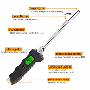 Number-one Digital Tire Pressure Gauge 230 PSI Auto Shut Off LCD Backlight Digital Display RV Heavy Duty Dual Head Rotatable Pressure Measuring Valve with LED Flashlight for RV Car Truck Motorcycle