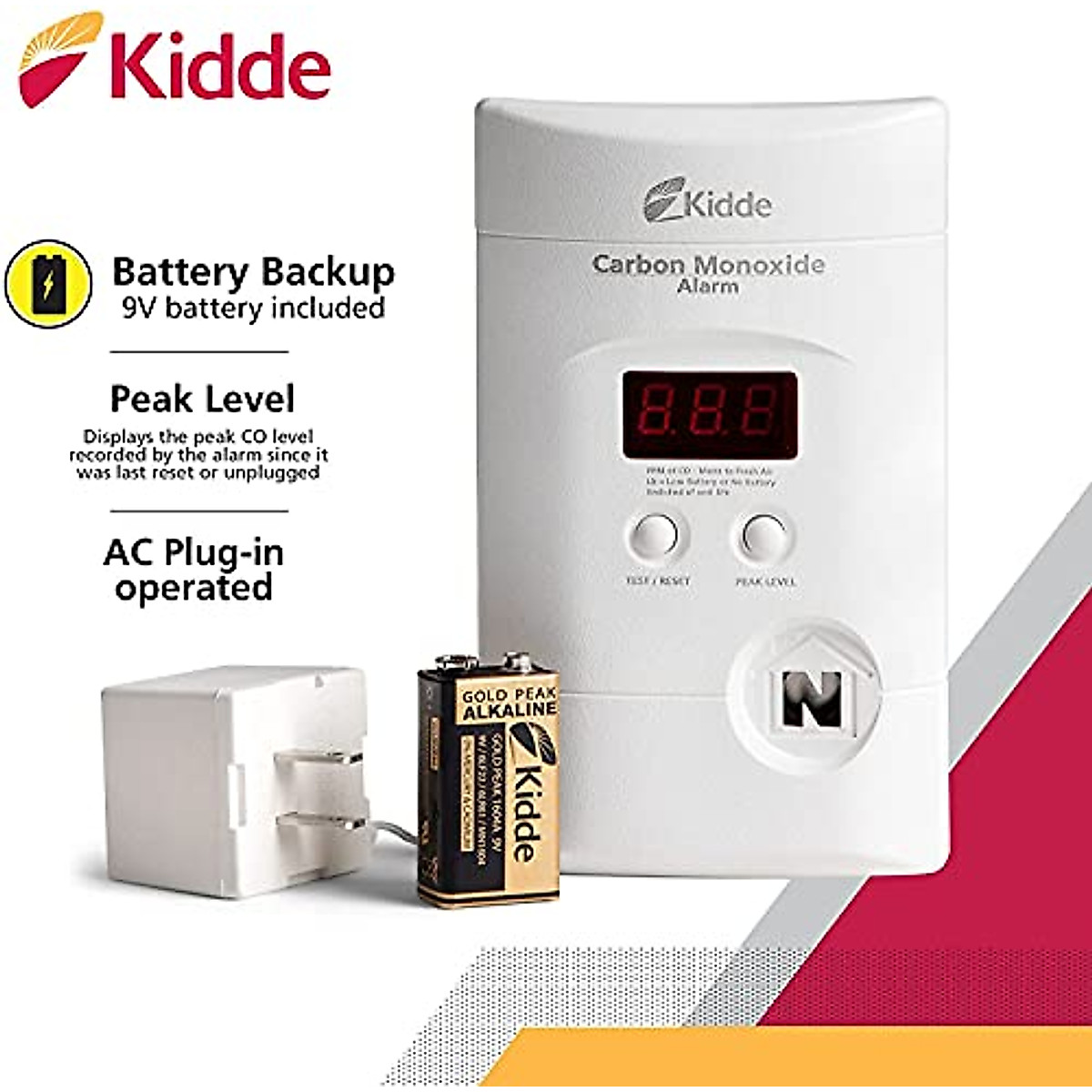 Kidde Carbon Monoxide Detector, Plug In Wall with 9-Volt Battery Backup, Digital LED Display