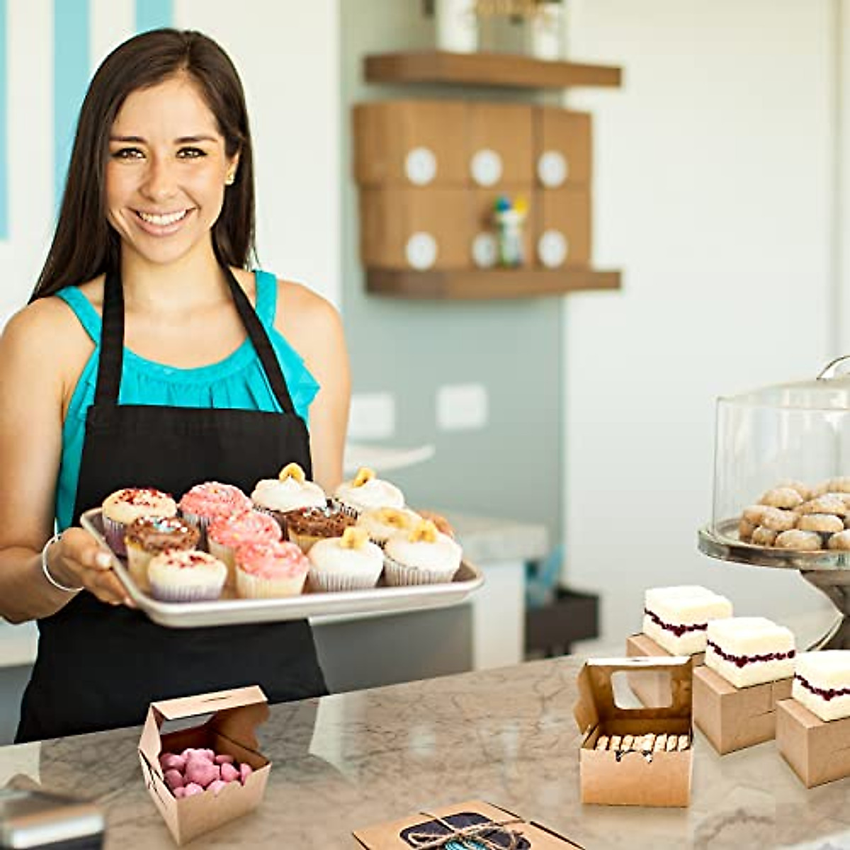 DONGYAN Bakery Boxes 4x4x2.5 Inch, 20 Packs Cookie Boxes with Window, Cup Cake Box for Pastry, Dessert, Donut, Chocolate, Strawberry, Including DIY Cards and Decorative Bouquets