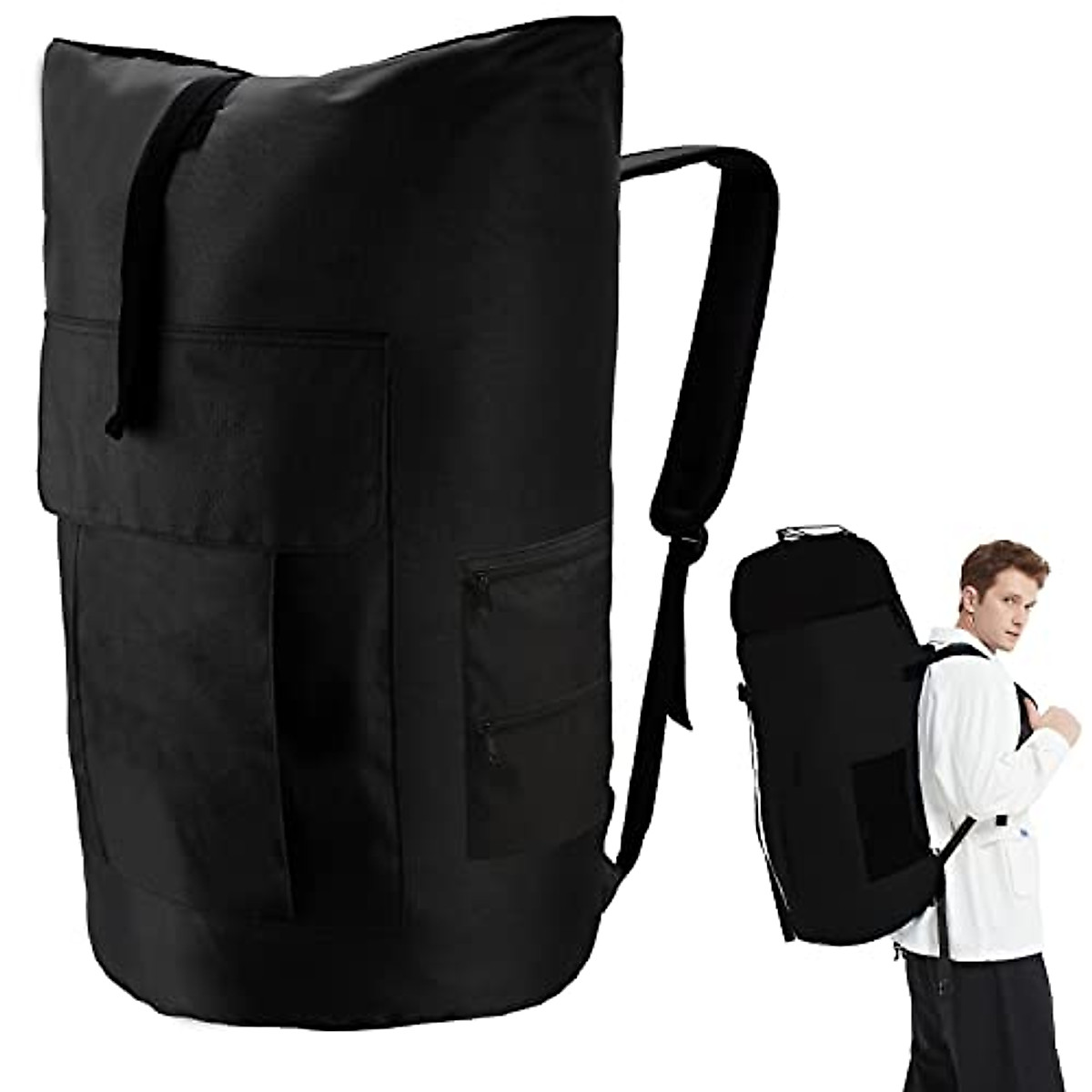 115L Laundry Bag Backpack Extra Large - Heavy Duty Laundry Bag with External Pocket and 2 Pockets with Zipper, Black Durable Laundry Bag with Labor-saving belt, Sturdy Waterproof Laundry Hamper for Travel, Apartment, Laundromat