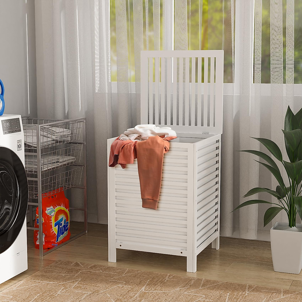 VASMIA Laundry Hamper with Lid, 2 Section 31.7Gal/120L Bamboo Large Laundry Basket with Removable Bag,Dirty Clothes Hamper for Bedroom Bathroom White