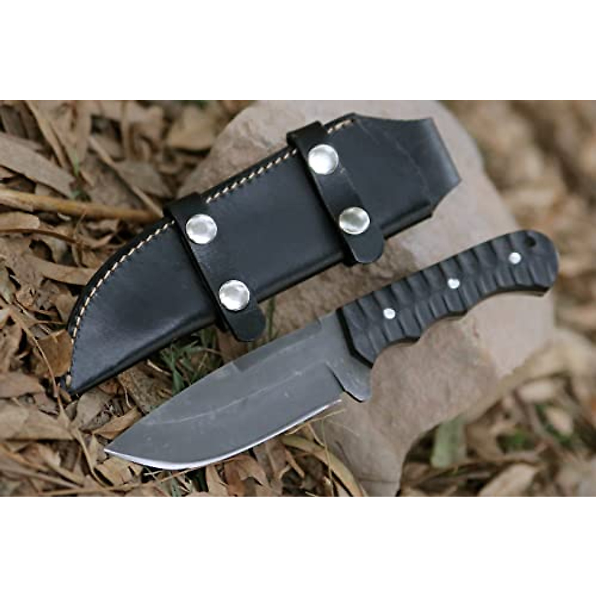DNT BLADES Hunting knife with Sheath Acid Wash Camping fixed-Blade Knives Carbon Steel Survival Bushcraft knife with Micarta Handle