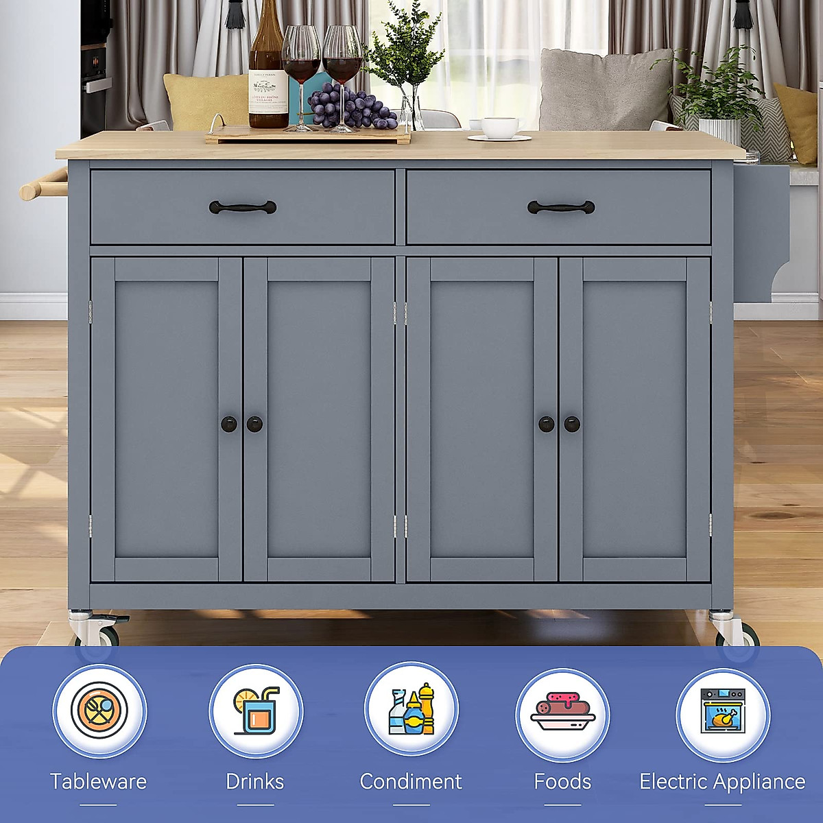 LETESA Rolling Mobile Kitchen Island 54.3'' with Solid Wood Top and 2 Locking Wheels, Adjustable Storage Shelves 4 Door Cabinet and Two Drawers Spice Rack, Towel Rack for Dining Room (Blue)