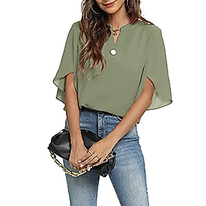 Funlingo Women's Summer Tops Short Sleeve Casual Shirts V Neck Chiffon Dressy Blouse Flowy Tops Spring Clothes Light Green Large