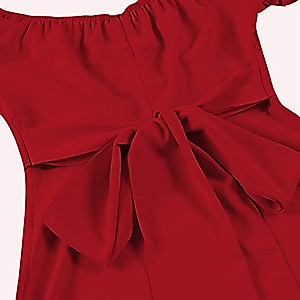 LYANER Women's Off Shoulder Wrap Ruffle Puff Short Sleeve Ruched Tie Back Dress Red Small