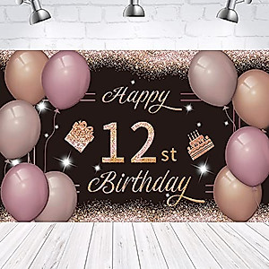 Happy 12st Birthday Backdrop Banner Black Pink 12th Sign Poster 12 Birthday Party Supplies for Anniversary Photo Booth Photography Background Birthday Party Decorations, 72.8 x 43.3 Inch