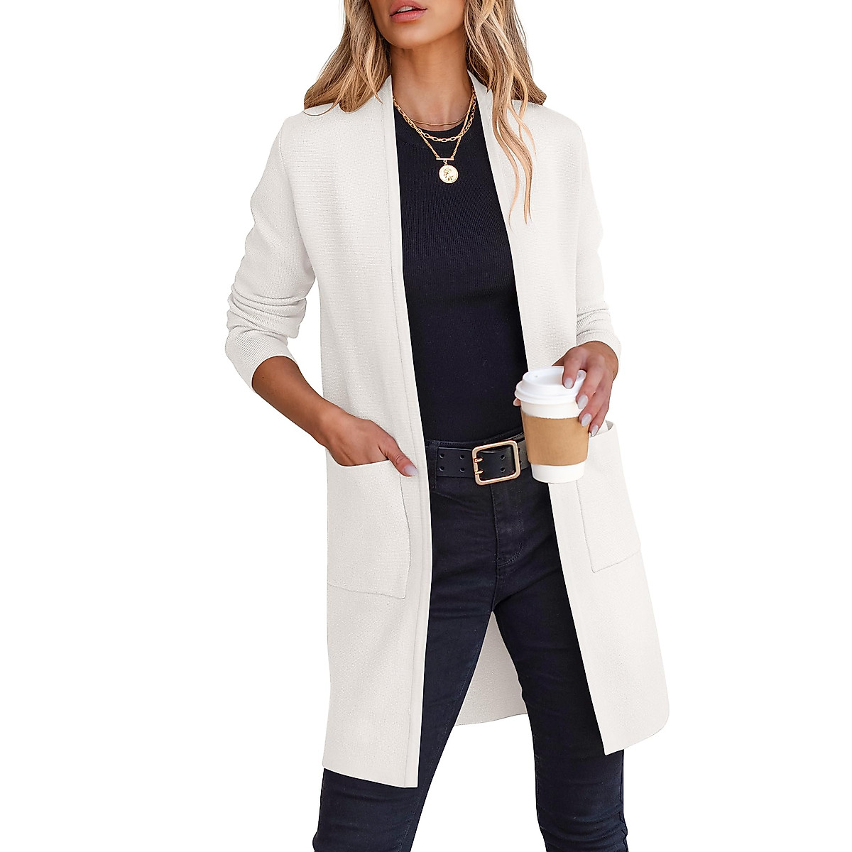 ANRABESS Cardigan Sweater for Women Casual 2024 Fall Fashion Coat Long Sleeve Open Front Knit Coatigan Outwear Off White Large