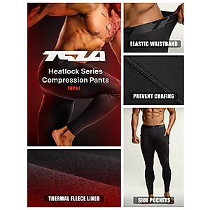 TSLA Men's Thermal Compression Pants, Athletic Sports Leggings & Running Tights, Wintergear Base Layer Bottoms, Pocket Black, Large