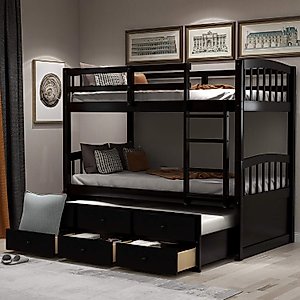 P PURLOVE Twin Over Twin Bunk Bed with Ladder, Wood Bunk Bed Frame with Wooden Slat Support, No Box Spring Needed (Espresso)