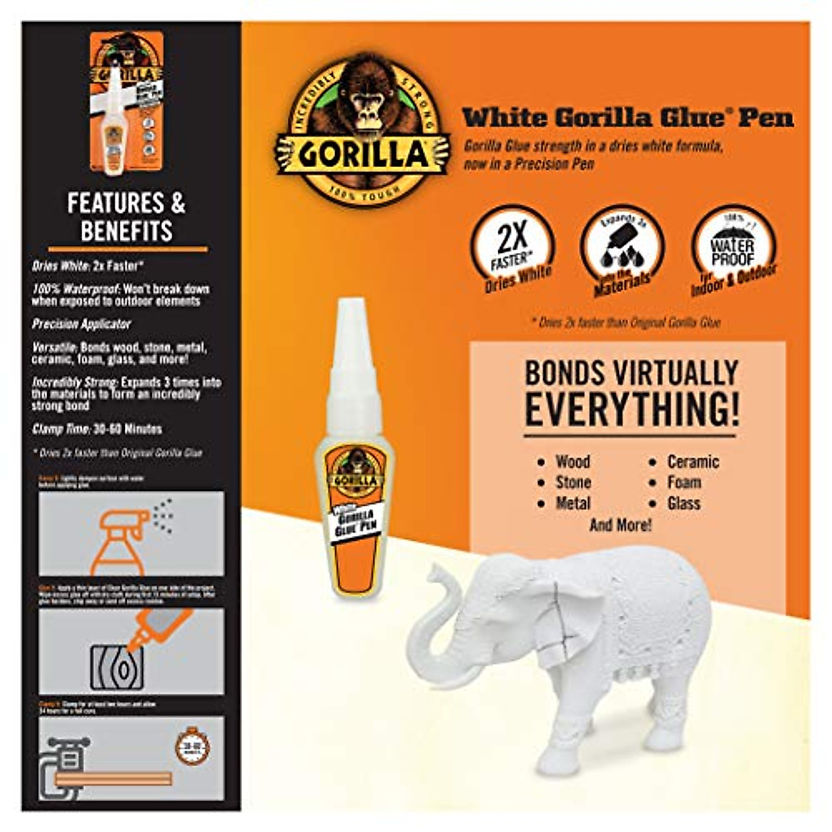 Gorilla White Gorilla Glue Pen, Waterproof Polyurethane Glue, .75 Ounce Precision Tip Bottle, White, (Pack of 1)