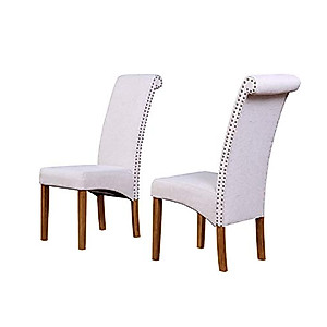 Merax Dining Chair Set of 2 Fabric Padded Side Chair with Solid Wood Legs, Nailed Trim (Light Beige)