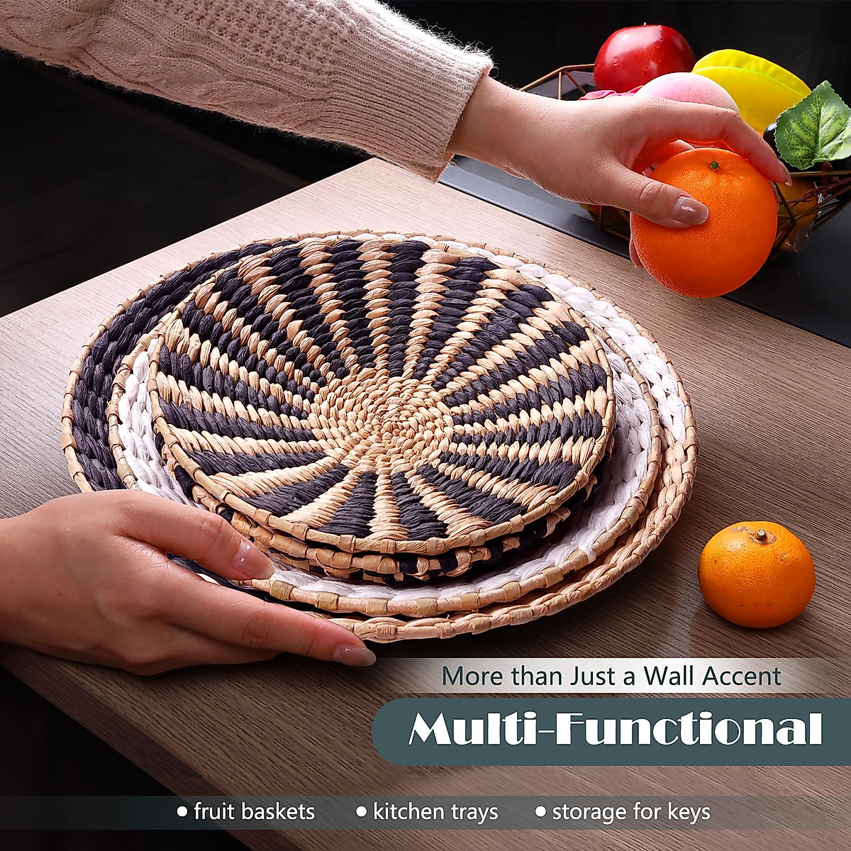 Hanging Woven Wall Basket Boho Decor Set, 4 Unique Handmade Seagrass Rattan Round Baskets Wall Decoration for Home Living Room Bedroom Rustic Coastal Farmhouse - Ready to Hang with Nails Included