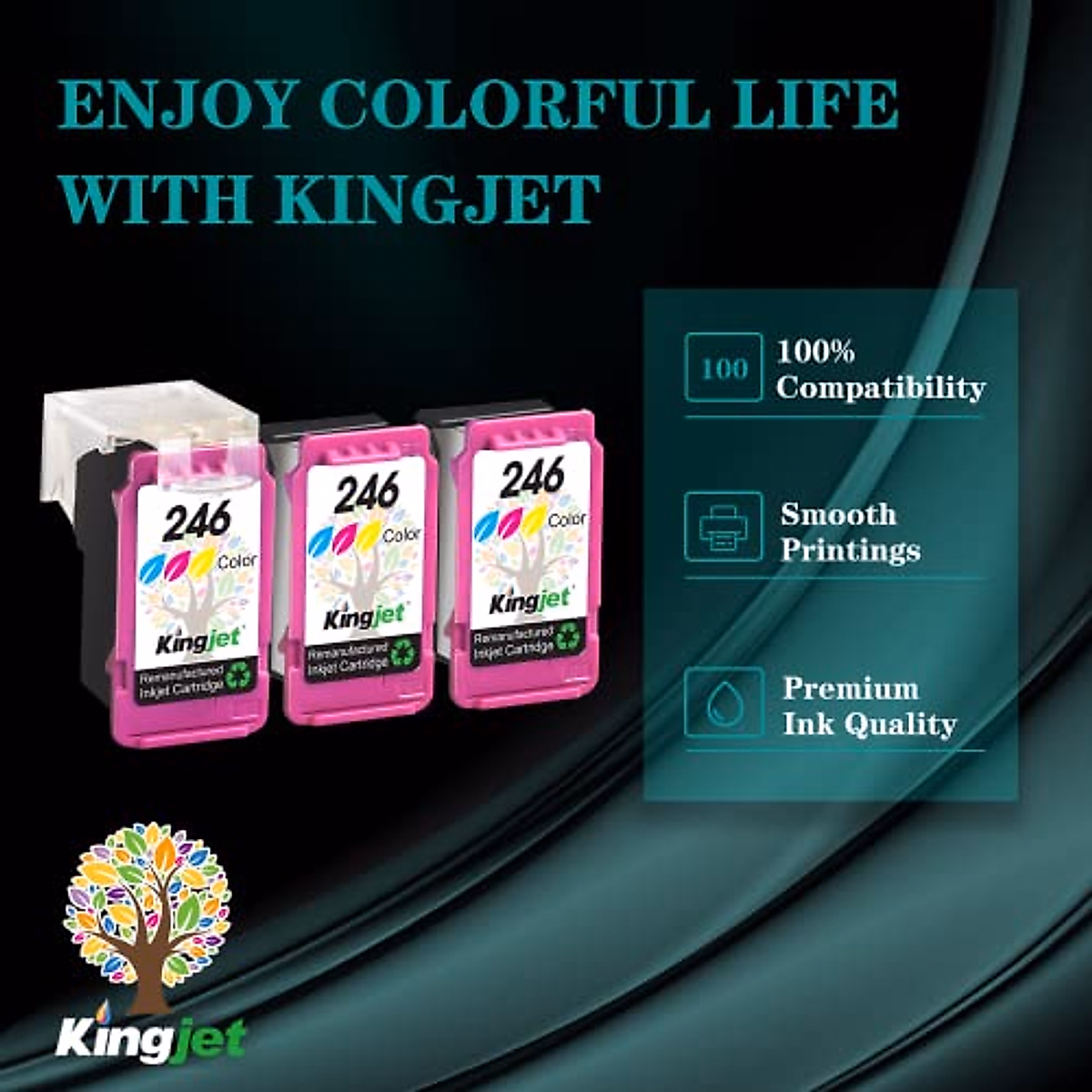 Kingjet Remanufactured Ink Cartridge Replacement for Canon CL-246 246 for Pixma MX490 MX492 IP2820 MG2520 MG2525 MG2922 MG3020 TS3122 TS302 TR4520 Printer (1 Print Head + 3 Cartridges, Color)