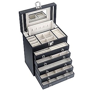 Kendal 6 Layer Large Leather Jewelry Box for Women, Lockable Jewelry Organizer Box with Mirror for Necklaces, Rings, Bracelets Jewelry, Ideal Gifts for Family Girlfriend LJC09BK
