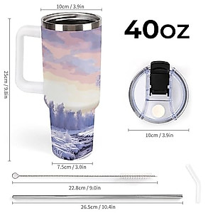 LLUTSNTH 40 Oz Vacuum Tumbler with White Handle Leakproof Insulated Tumbler Winter Landscape Stainless Steel Travel Mug with Lid And Straw Coffee Cup Cute Water Bottles Cup Holder Friendly