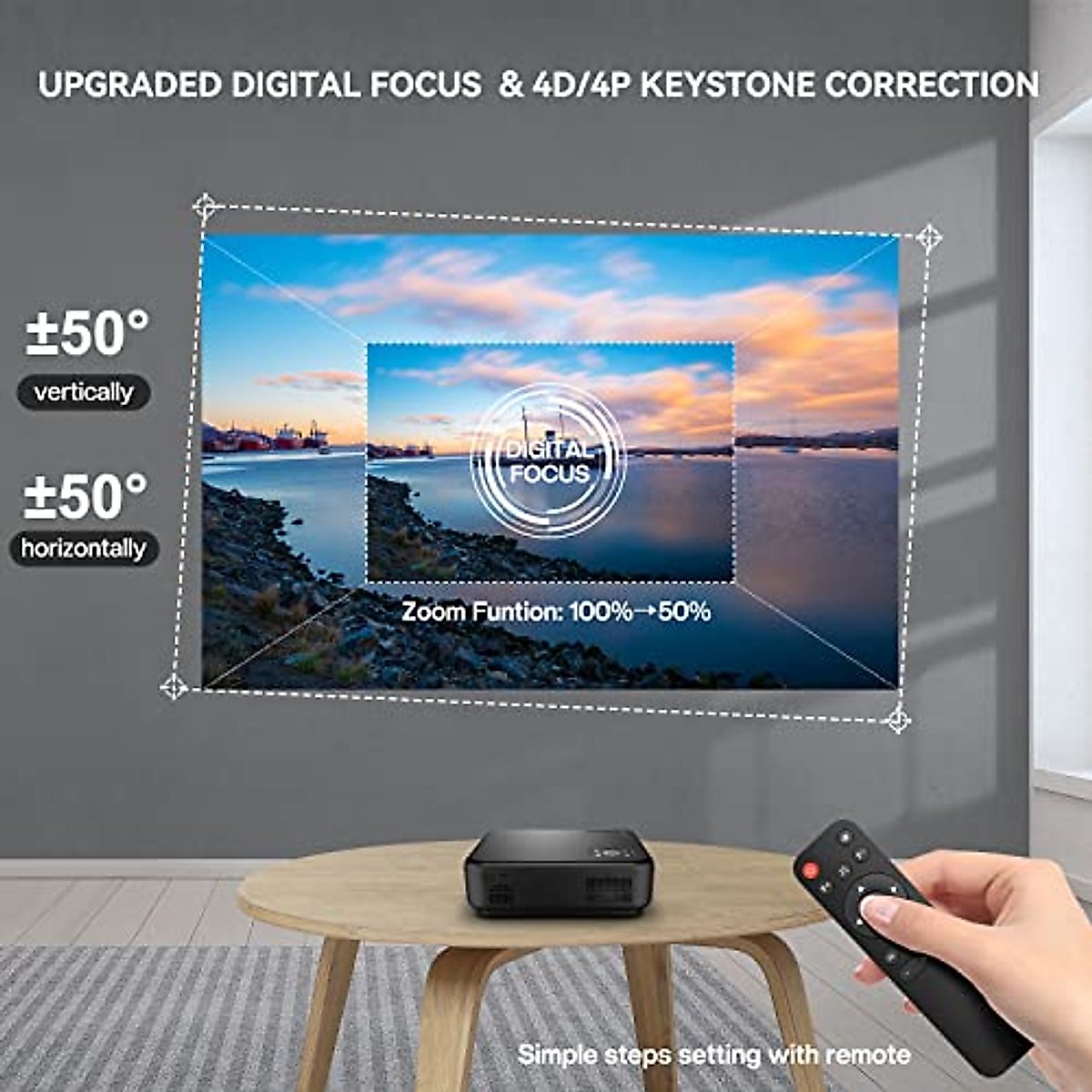 【Electronic Focus】 Projector with 5G WiFi and Bluetooth 5.1, Tkisko 480ANSI Native 1080P Movie Projector 4K Support, 4D/4P Keystone Correction, Outdoor Portable Video Projector for Travel/Camping