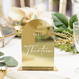 20 Pcs Gold Mirror Acrylic Arch Table Numbers for Wedding Reception, 4.5×5.7 Inch Gold Acrylic Wedding Table Signs 1-20 with Holders, Minimalist Style Gold Mirror Arch Table Numbers, for Restaurant