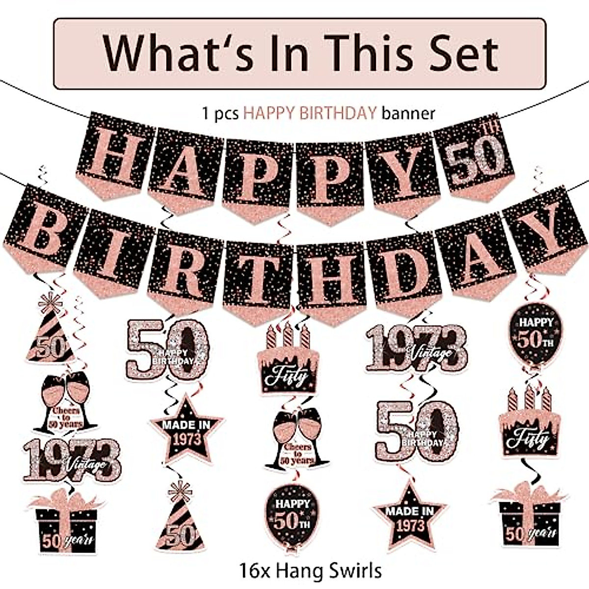 KORHONEN 50th Birthday Decorations for Women, Pink and Black 1973 Birthday Party Decorations Include Happy 50th Birthday Banner and Hanging Swirls, Happy 50th Bday Party Decor for Women