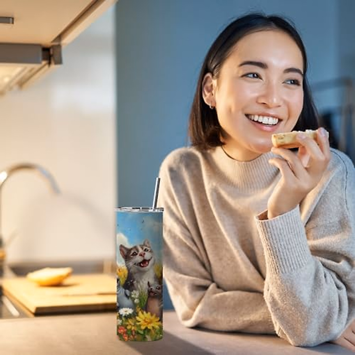 Tumbler with Lid and Straw Cartoon Animals in Flowers thermos coffee travel mugcute cups 20 oz insulated tumbler for Daily Holiday Decor Gift coffee cup