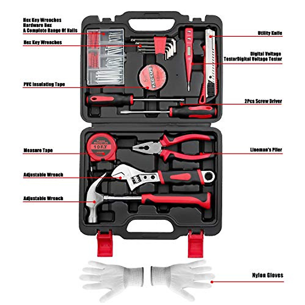 68 Pieces Tool Set,Tool Kit For Home With Storage Case (Black Red)