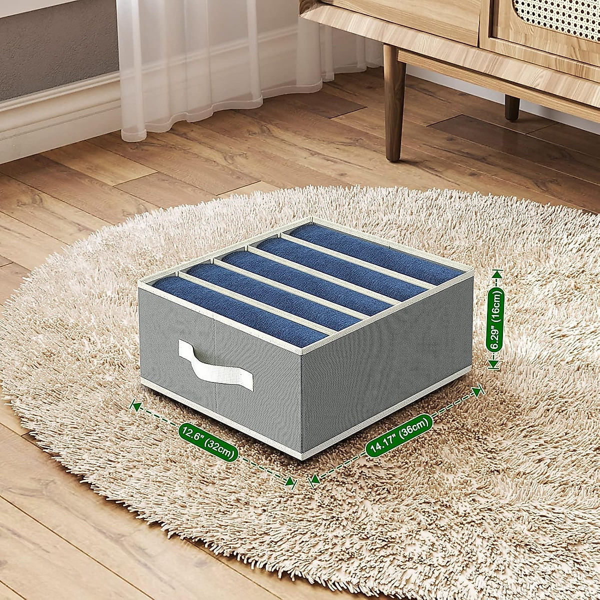 DIMJ Wardrobe Clothes Organizer, 4 Packs Drawer Organizers for Clothing with 5 Compartments, Fabric Closet Organizer for Clothes, Jeans Organizer for Closet, T Shirt, Wardrobe, Drawer, (Grey)