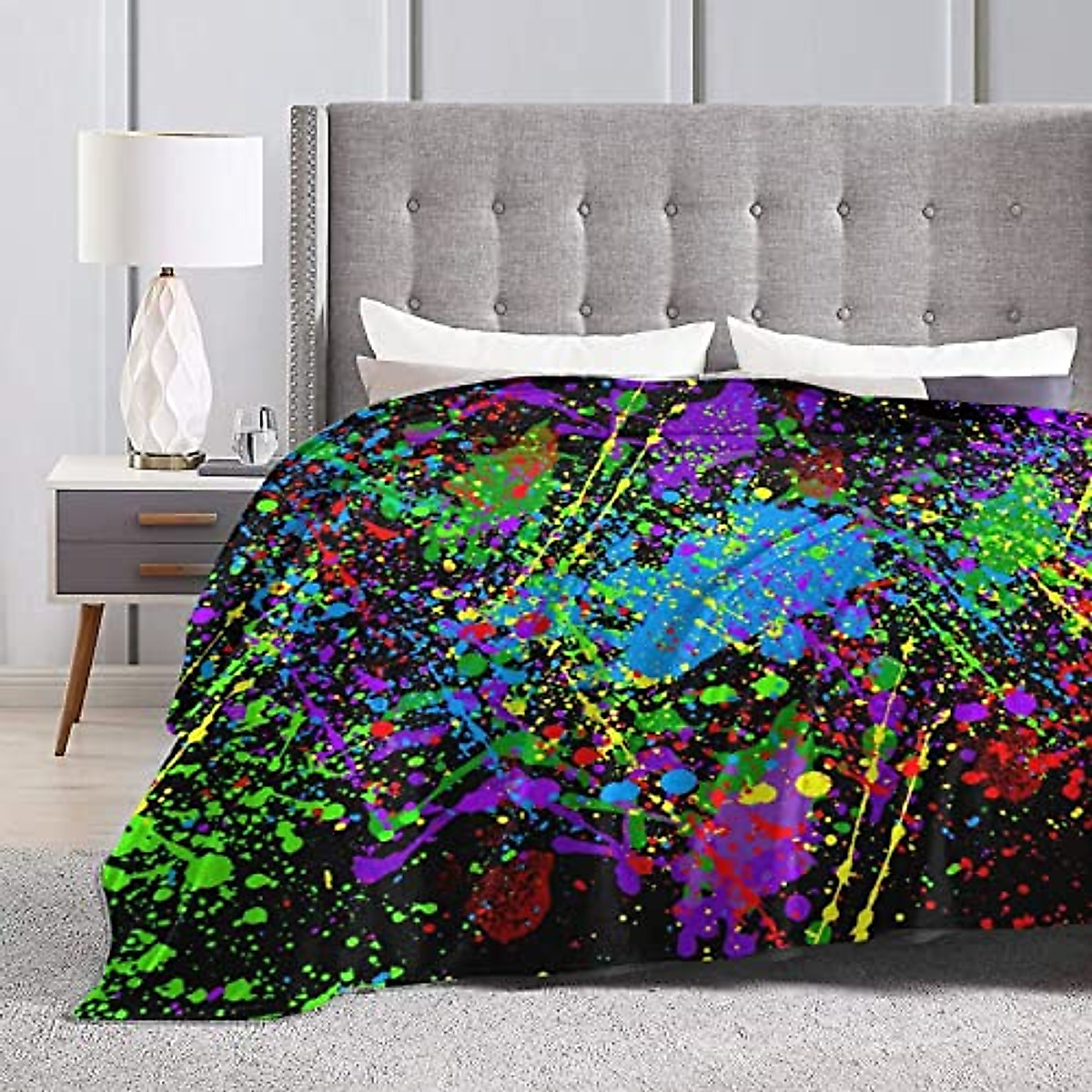 Glow in Dark Splatter Neon Throw Blanket Flannel Blanket 60 x 50 Inches Soft Warm Lightweight Fuzzy Blankets for Bed Sofa Couch Outdoor Travel