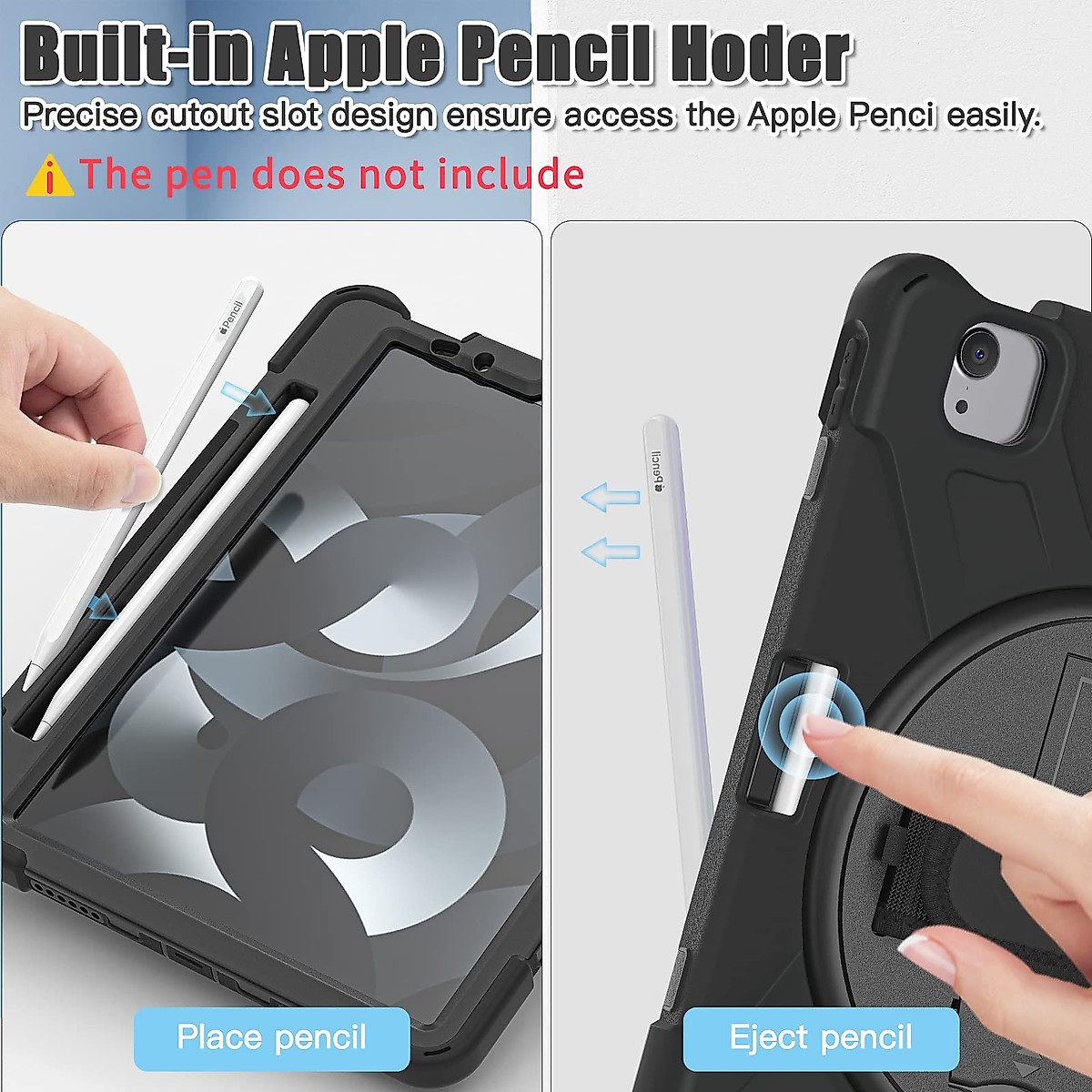 ZenRich iPad Air 5th Generation Case 2022, iPad Air 4th Generation 10.9 inch Case with Pencil Holder/Stand/Hand Strap/Shoulder Belt, Shockproof Case for iPad Air 10.9'',Black