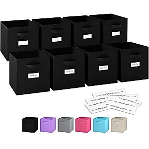 Royexe Item Container 11 Inch Storage Cubes (Set Of 8) Storage Baskets, Features Dual Handles & 10 Label Window Cards, Foldable Fabric Closet Shelf Organizer, Drawer Organizers, Linen, Black