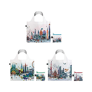 LOQI Kristjana S Williams Interiors Reusable Shopping Bags, (Set of 3), New York, London, Skyline