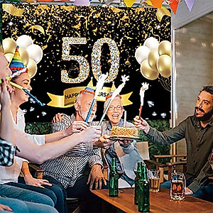 Trgowaul 50th Wedding Anniversary Decorations, Black Gold 50th Anniversary Banner Backdrop, Happy 50 Anniversary Party Supplies Decorations Party Banner Photography Background
