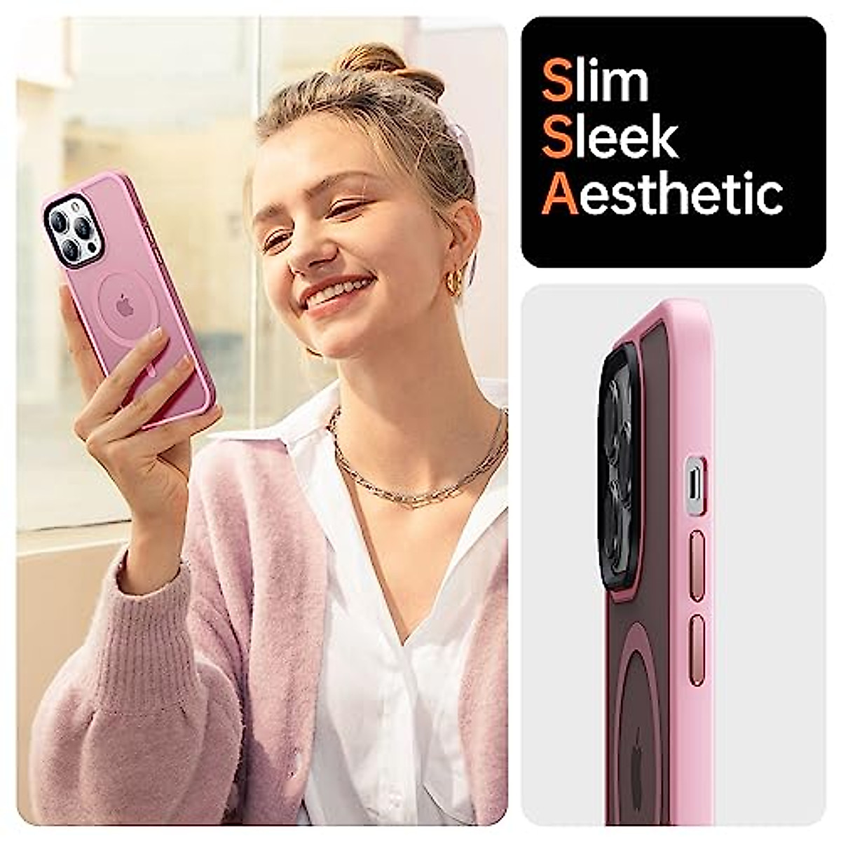 Maozis Strong Magnetic Designed for iPhone 13 Pro Max Case [Compatible with Magsafe][Military Grade Drop Protection] Protective Shockproof Translucent Matte Slim Phone Case for iPhone 13 Pro Max, Pink
