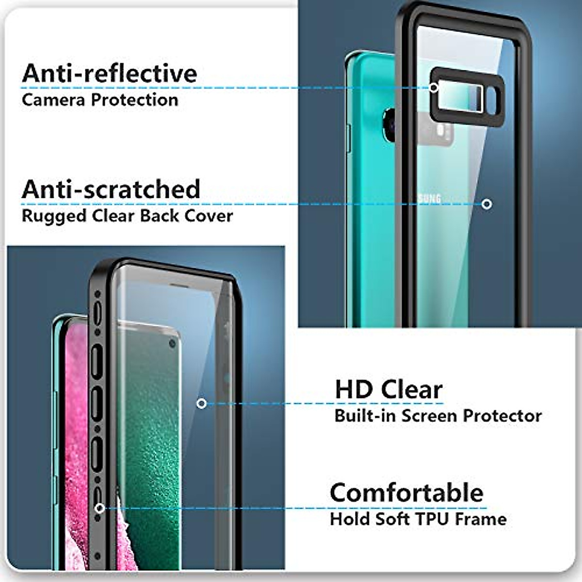 SPIDERCASE for Samsung Galaxy S10 Waterproof Case, Built-in Screen Protector Fingerprint Unlock with Film, Shockproof Full Body Cover Waterproof Case for Samsung Galaxy S10 6.1”, Black/Clear