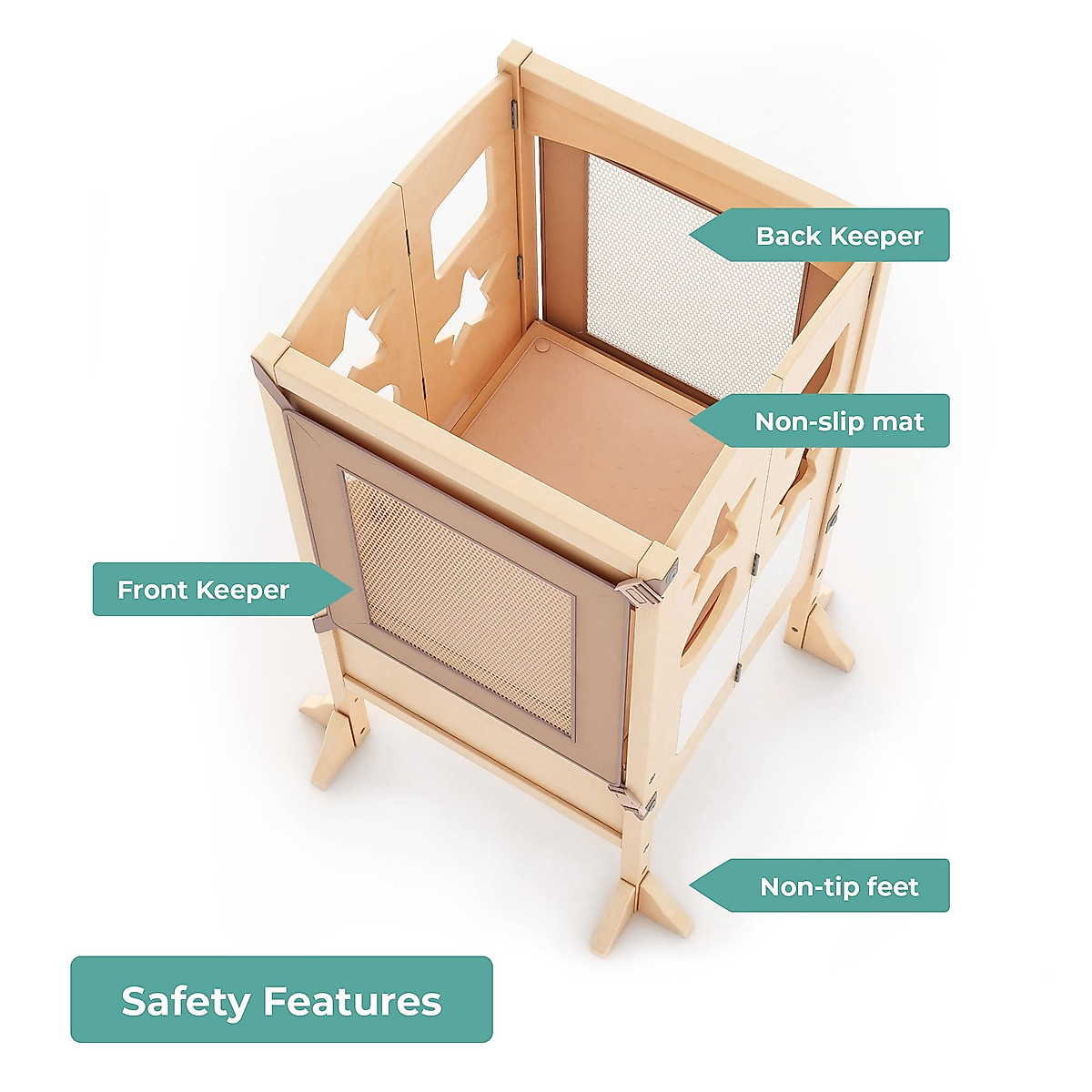 Guidecraft Classic Kitchen Helper® Toddler Tower and 2 Keepers - Natural: Folding Wooden Adjustable Height Platform, Kitchen Montessori Learning Step Stool, Chalkboard, Supports Up to 125lbs
