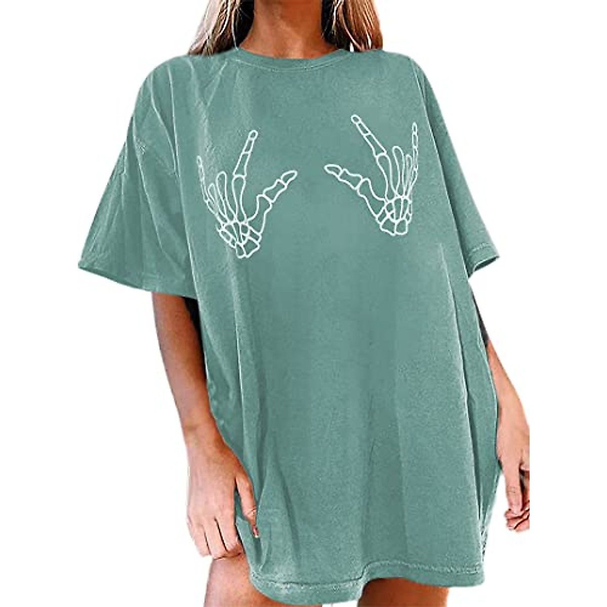 Avanova Women's Skull Graphic Print Oversized Tee Short Sleeve Casual Summer Loose T Shirt A Green Large