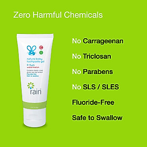Rain Natural Bamboo Kids Toothbrush Set Fluoride-Free Baby Toothpaste Safe to Swallow with Vitamin C for 6 to 12 Months Up Infant Toddler Toothbrush BPA-Free Biodegradable (1 Toothbrush 1 Toothpaste)