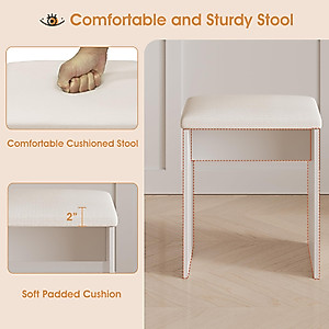 Small Makeup Vanity Desk with Mirror and LED Lights, White Little Girls Vanity Table with Drawer and Cushioned Stool Set Kids Dressing Table Set for Bedroom 3 Color Lighting with Adjustable Brightness