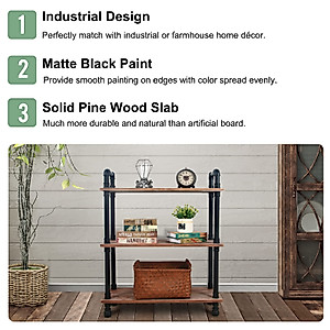 HouseAid 3 Tier Industrial Pipe Etagere Bookcase, Rustic Farmhouse Standing Shelf, Real Pine Wood Open Shelves for Living Room, Bathroom and Kitchen, Wall Mounted, Matte Black (39.4”×31.5”×11.8”)