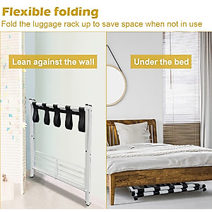 mocomax 1 Pack Folding Luggage Rack for Guest Room, Foldable Suitcase Stand Holder with Metal Storage Shelf for Bedroom, Living Room, Hotel Essentials, Heavy Duty Steel Frame, White