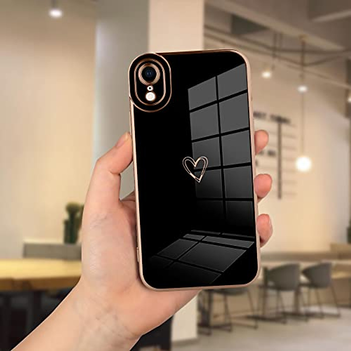 Bonoma Compatible with iPhone XR Case Love Heart Plating Electroplate Luxury Elegant Case Camera Protector Soft TPU Shockproof Protective Corner Back Cover iPhone XR Case -Black
