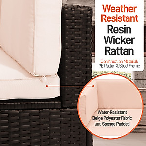 SereneLife Porch Furniture 5 Piece Accessories and Decor Outdoor, Balcony Patio Conversation, Bistro Set, PE Rattan Wicker Chairs w/Soft Cushion & Glass Coffee Table-SLOTFX9, brown