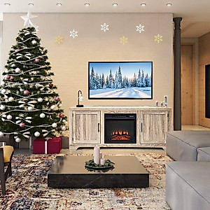 GRAFFY 65" Fireplace TV Stand, Wooden Television Console w/2 Storage Cabinets & Open Shelves, Modern Farmhouse Storage Cabinet Console with Doors, for 18"x 17" Electric Fireplace(not Included)