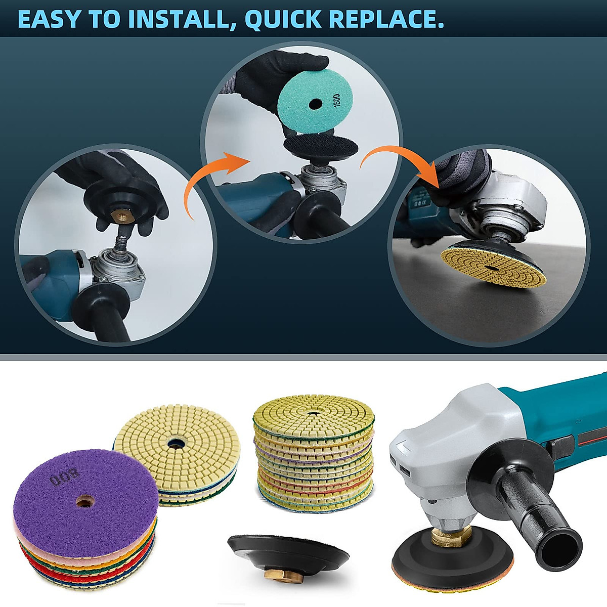 14 Pack 4 Inch Diamond Polishing Pads Kit with 2PCS 5/8’’-11 Backer Pad 12PCS Wet/Dry Polish Pad Set for Drill Grinder Polisher 50-8000 Grit Pads for Granite Marble Stone Concrete Countertop Quartz