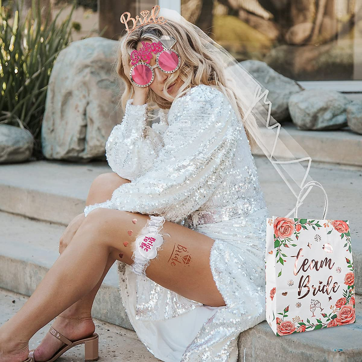 MOVINPE Bachelorette Party Accessories, Bride to Be Sash, Veil, Sunglasses, Rhinestone Earrings, Kraft Gift Bags, Team Bride Hair Ties, Wedding Garter, Tattoos, Pink Bridal Shower Party Decorations