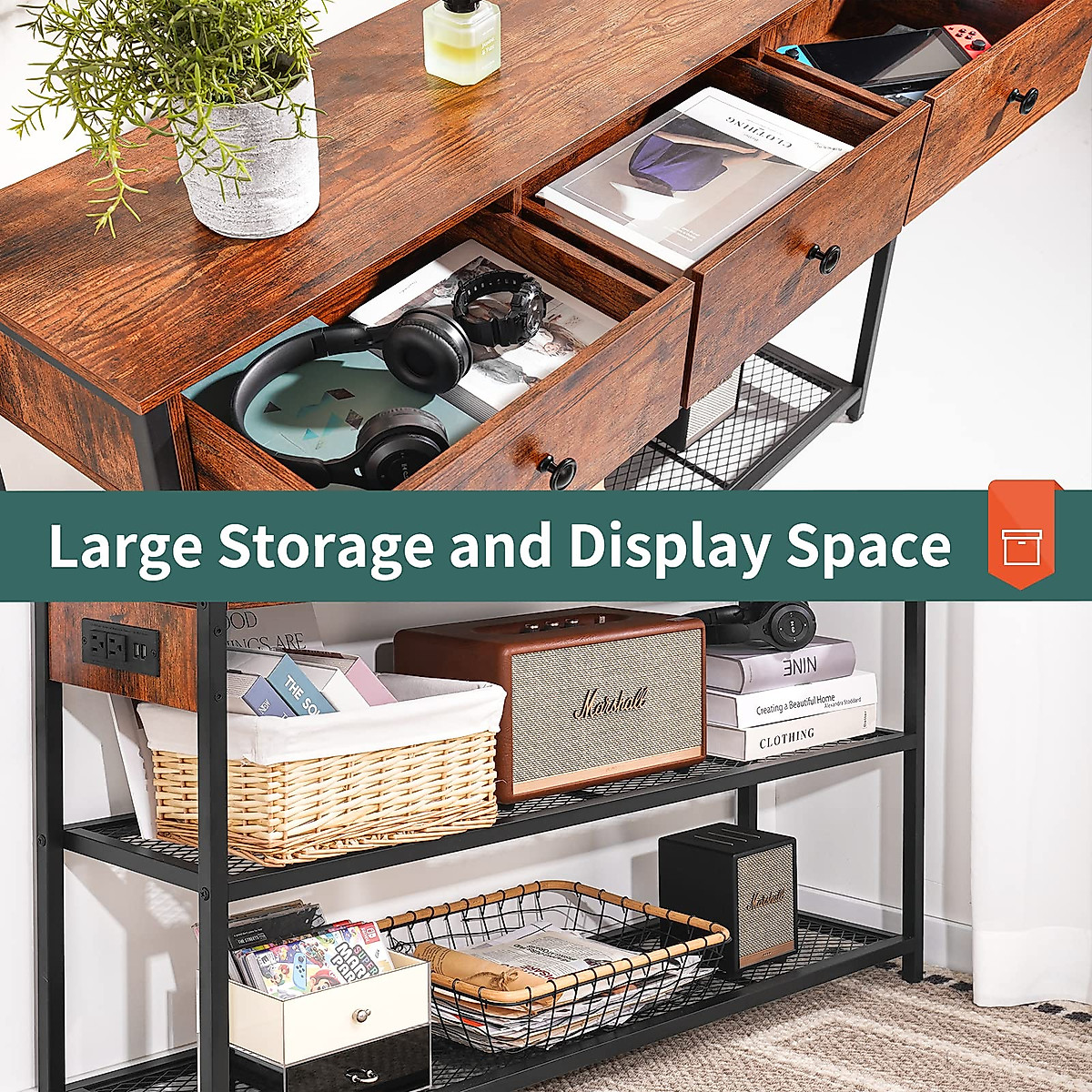 Yoobure Console Table with 3 Drawers, 47" Entryway Table with Storage Shelves, Narrow Long Sofa Table with Outlets & USB Ports, 3-Tier Entry Table, Couch Table for Living Room, Hallway, Foyer, Hall