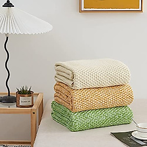 Longhui bedding Cream Knitted Throw Blanket for Couch, Soft, Cozy Machine Washable 100% Cotton Sofa Knit Blankets, Heavy 3.0lb Weight, 50 x 63 Inches, Beige Color