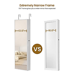 Hzuaneri 8 LEDs Mirror Jewelry Cabinet, 47.2-inch Jewelry Armoire Organizer, Wall/Door Mount Lockable Storage Cabinet with 6 Earrings Shelves, 2 Makeup Pockets, White and Black JC12003B