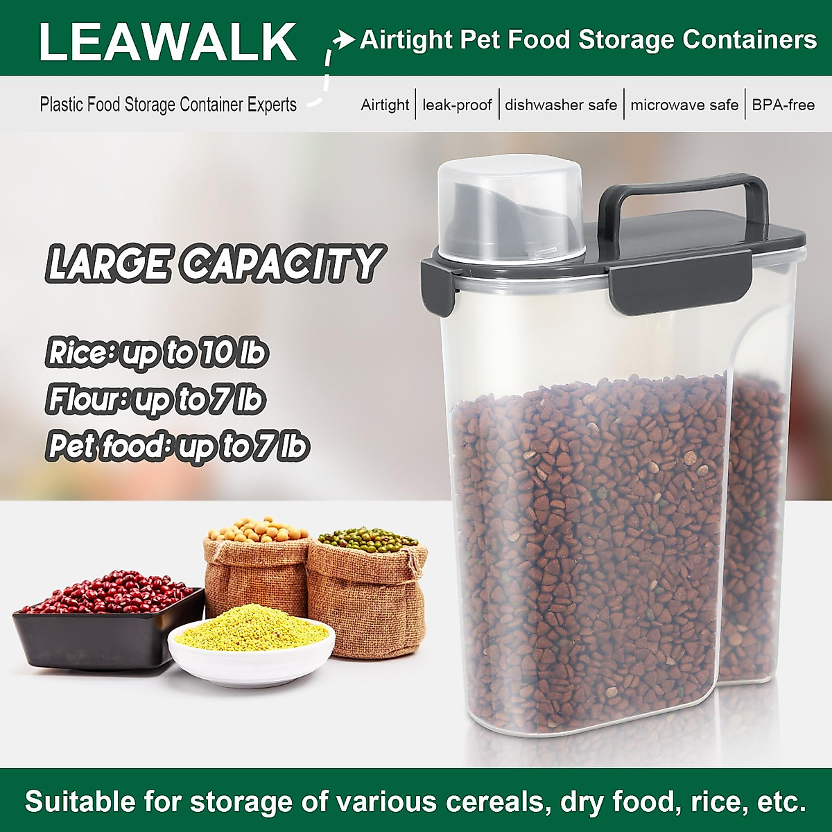 10-14 LBS Airtight Cat Food Storage Container,Dog Food Storage Container With Upgraded Large Nozzle,BPA-Free,Pet Food Storage Containers For Rice,Grain,Pet Food,Flour Dog Treat Storage-2pack Dark Gray