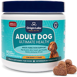 Origin Labs Adult Dog Multifunction Support, Omega 3 Supplement, Gut Health Probiotics, Immune Support, Heart, Skin, Liver, Brain, Joint Health, Glucosamine Chondroitin, Bacon Flavor, 90 Soft Chews